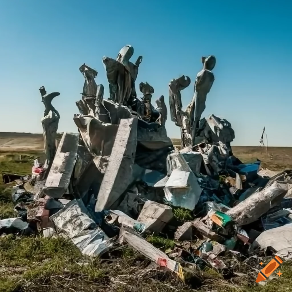 Destroyed statues in a post-apocalyptic landscape under soft colored ...