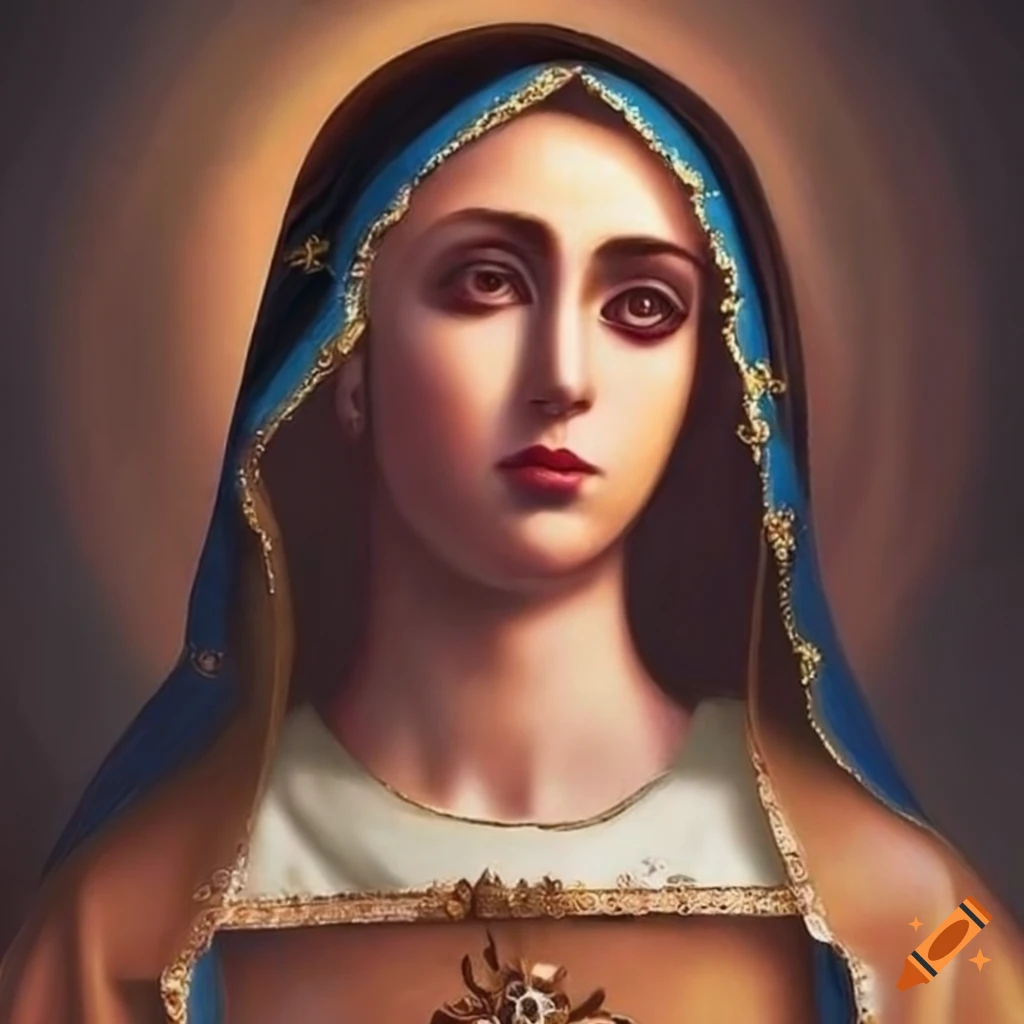 Portrait of virgin mary with dark hair and enchanting eyes on Craiyon