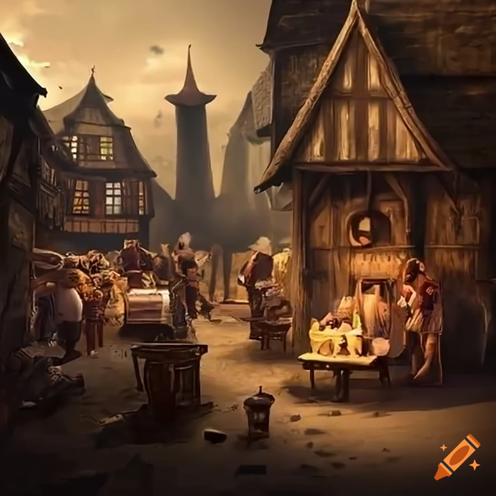 Medieval fantasy village market day scene with people on Craiyon