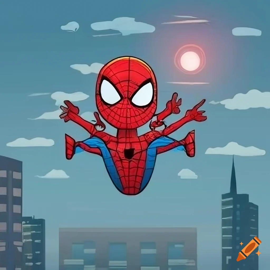 Colorful cartoon illustration of spiderman in a city with skyscrapers ...
