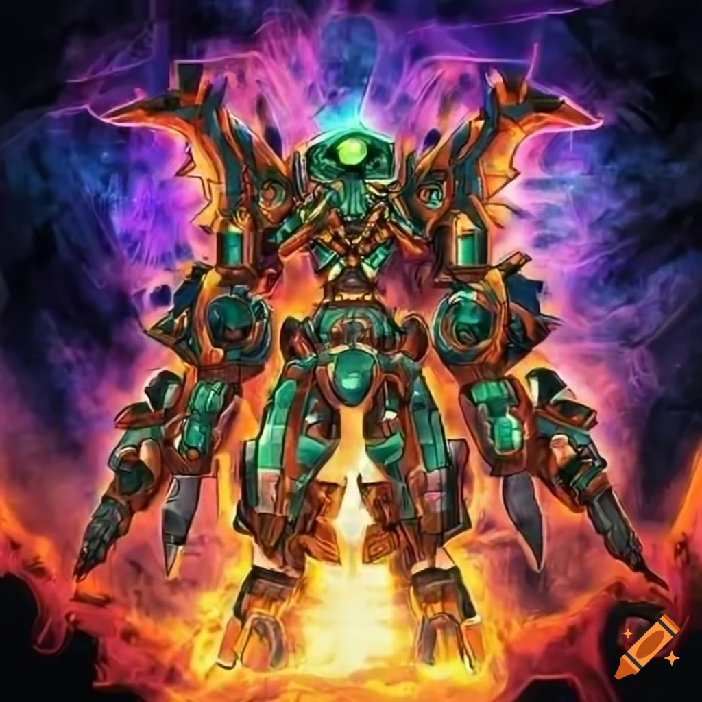 Yugioh art depicting a colossal sun robot on Craiyon