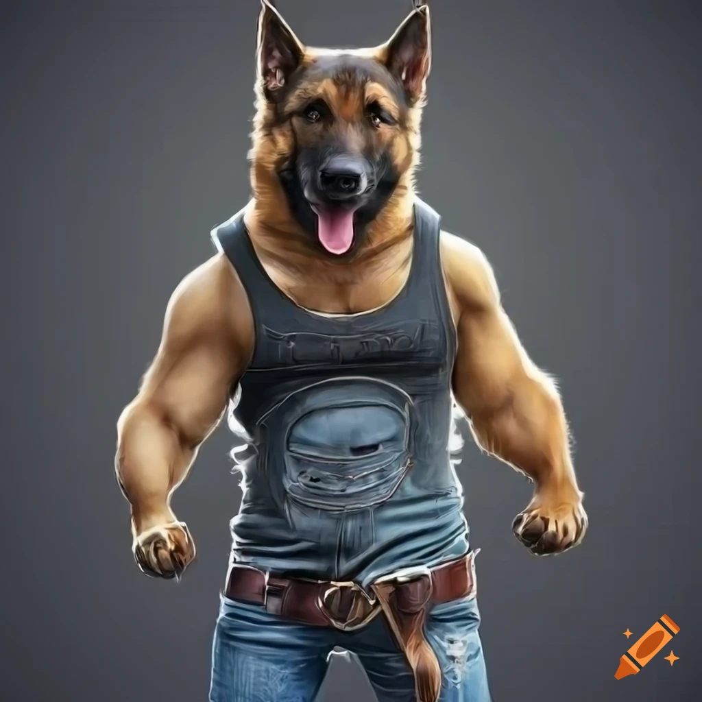 Anthropomorphic German shepherd male in casual attire on Craiyon