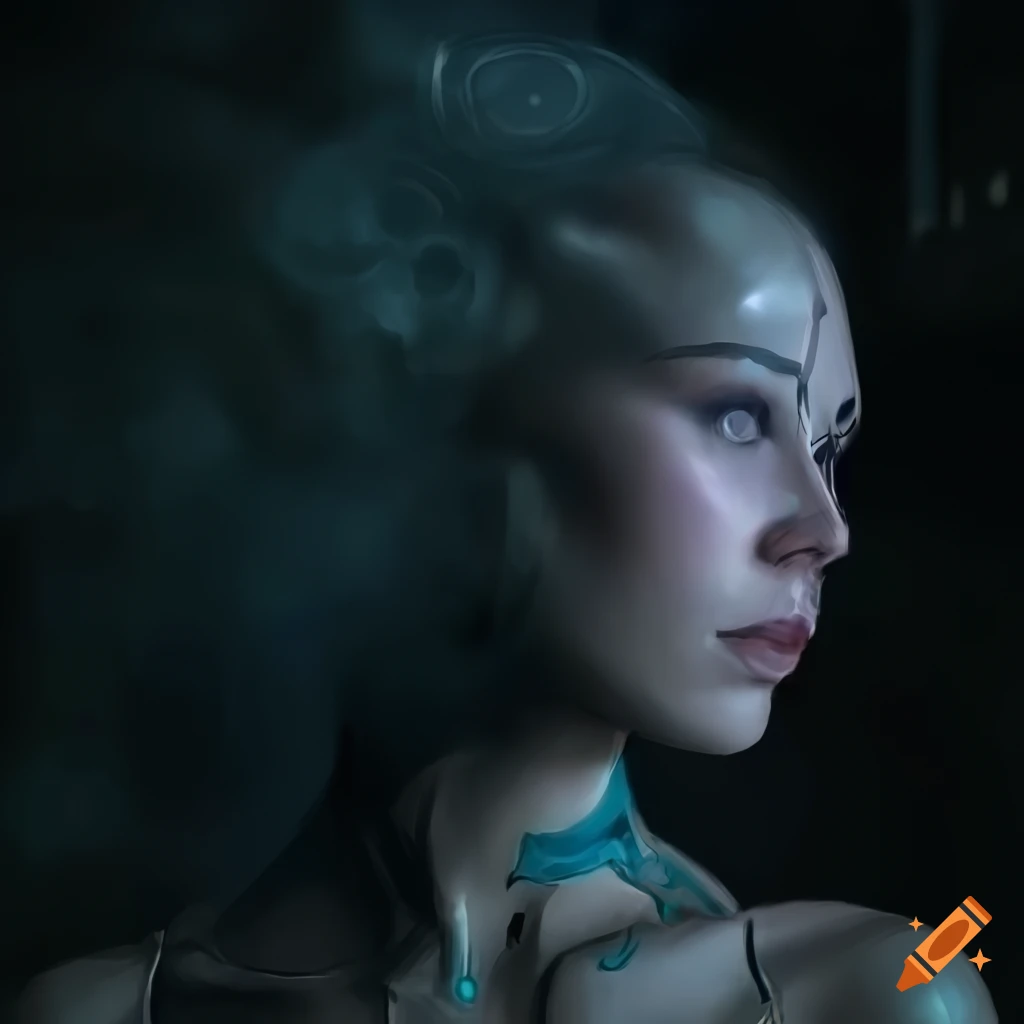 Female cyborg goddess in a dark cyberpunk cityscape on Craiyon