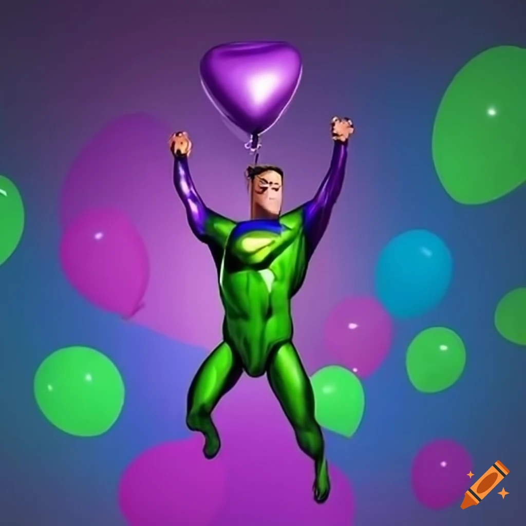 Helium superhero holding balloons in green, blue, and purple colors on ...