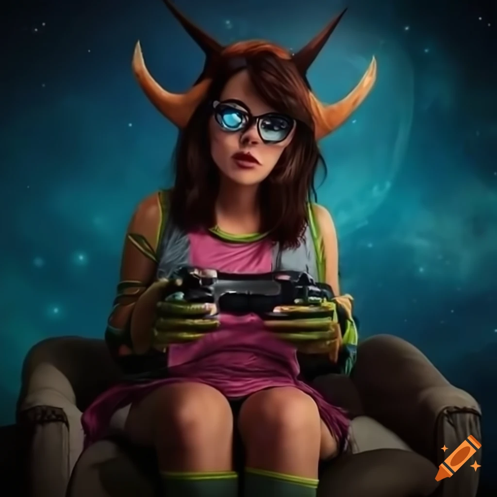 Eccentric elf woman with glasses playing video game on a futuristic space ship on Craiyon
