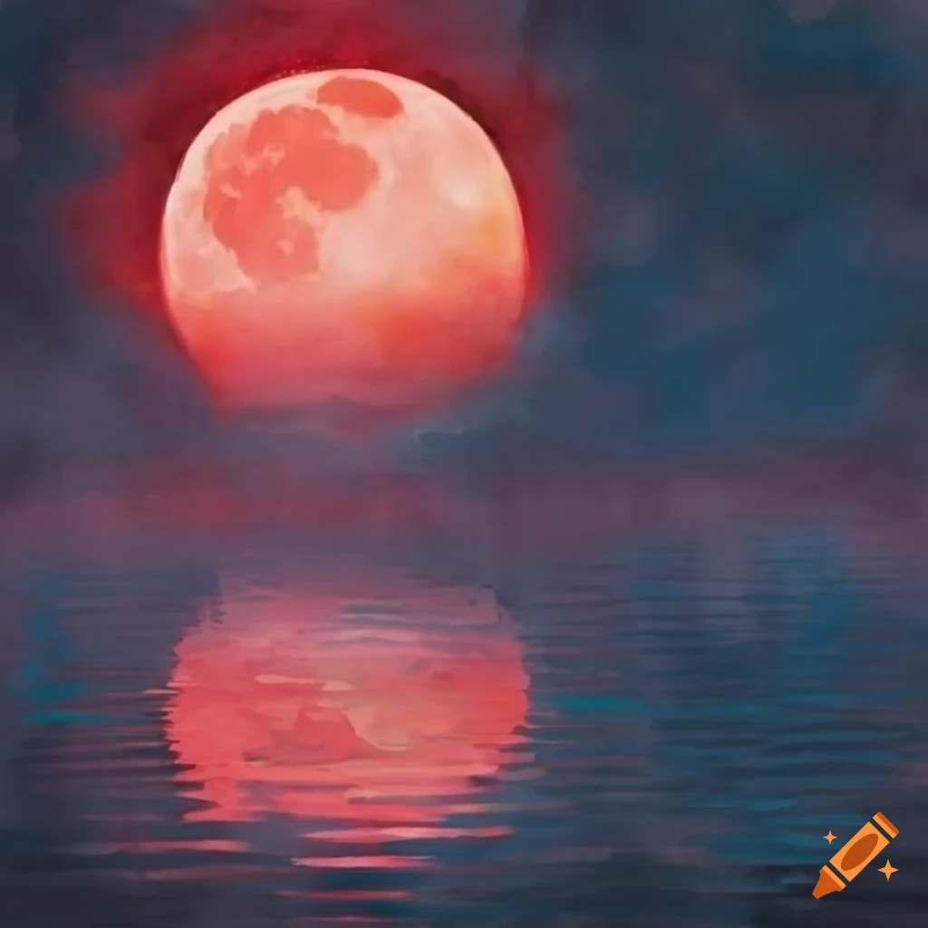Red heart-shaped moon rising over a black ocean with red light ...