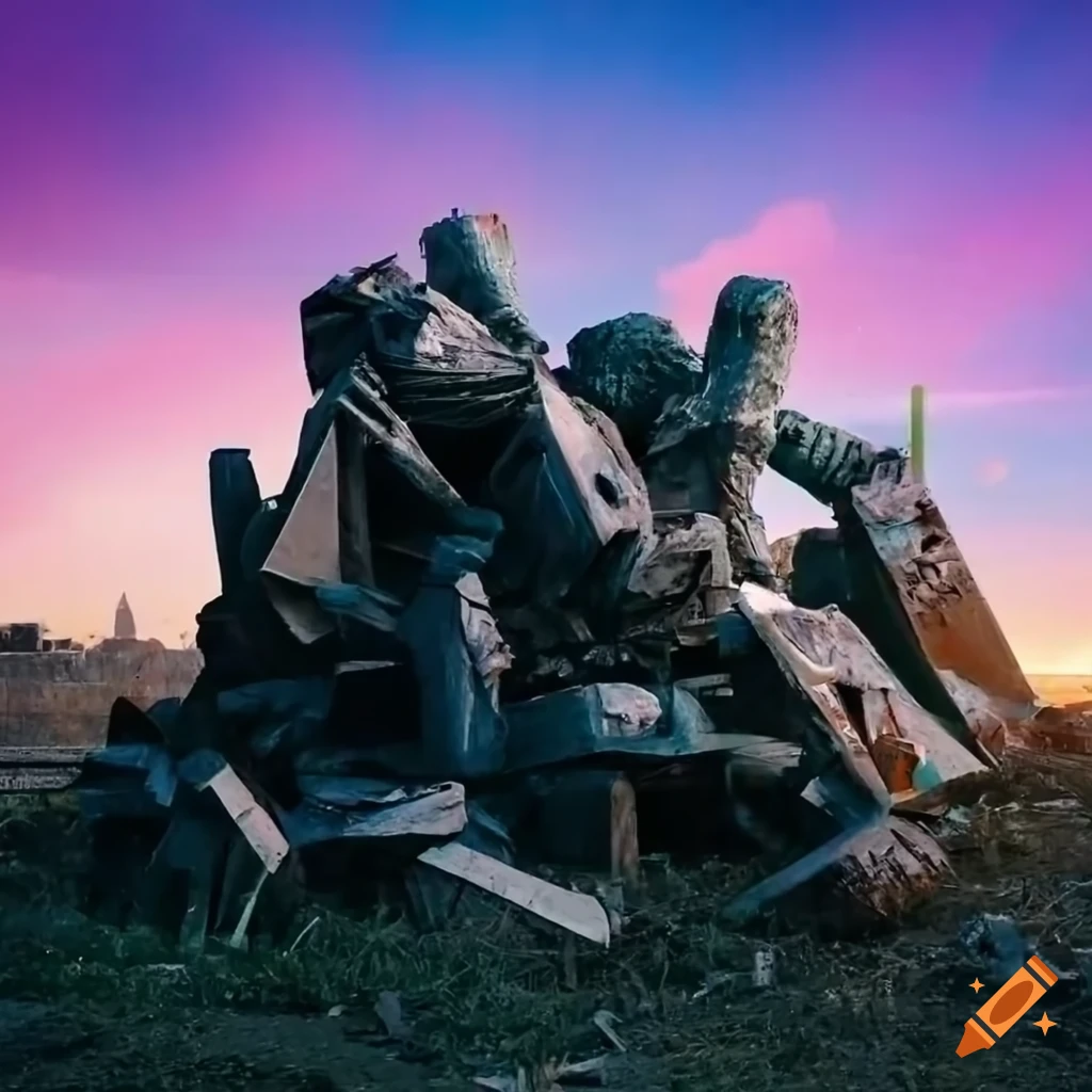 Destroyed statues in a post-apocalyptic landscape under soft colored ...