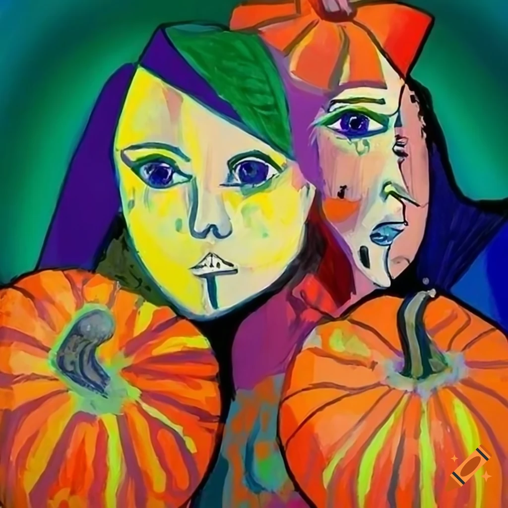 Two women with pumpkins in picasso style on Craiyon
