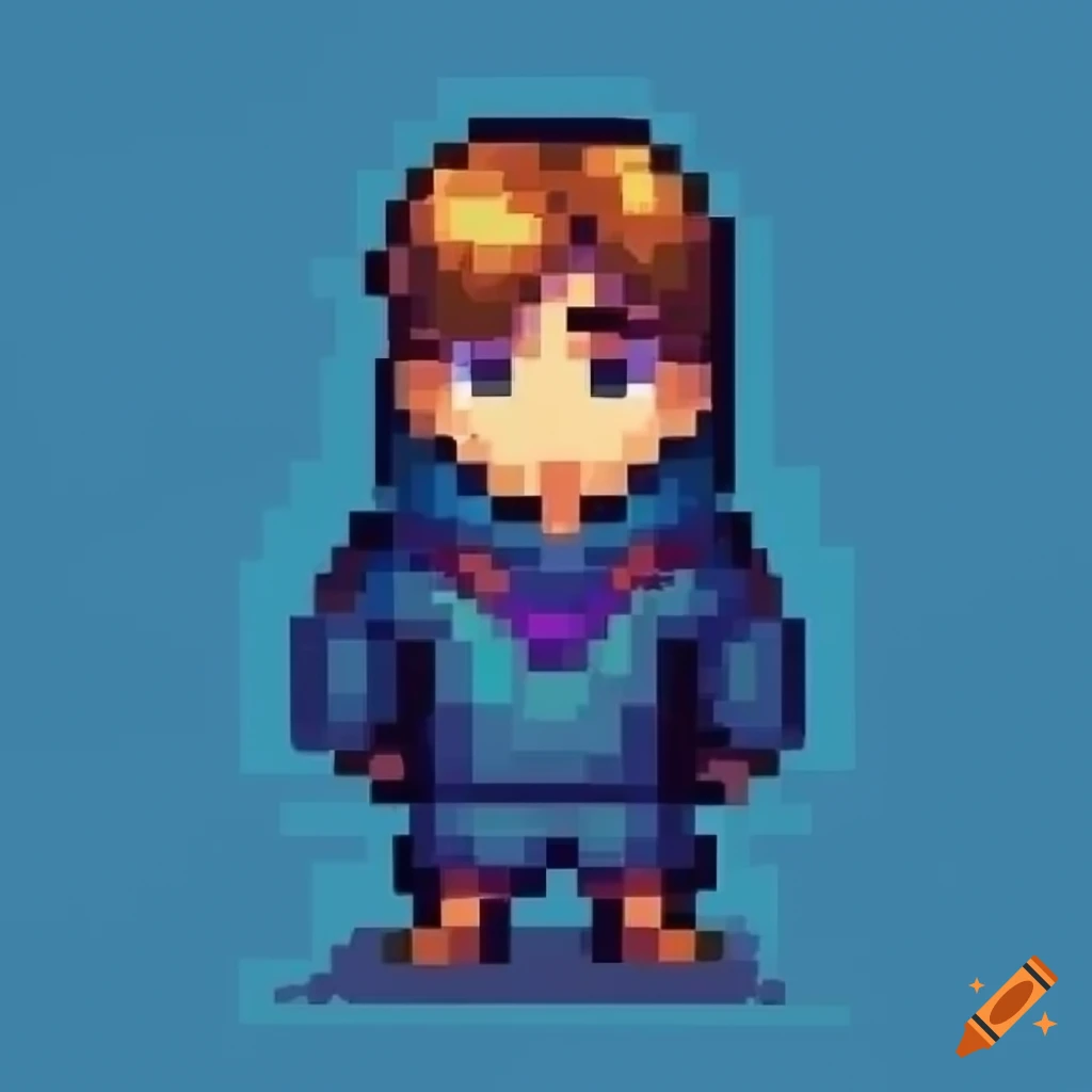 Boy in blue hoodie rpg sprite pixel art from stardew valley on Craiyon