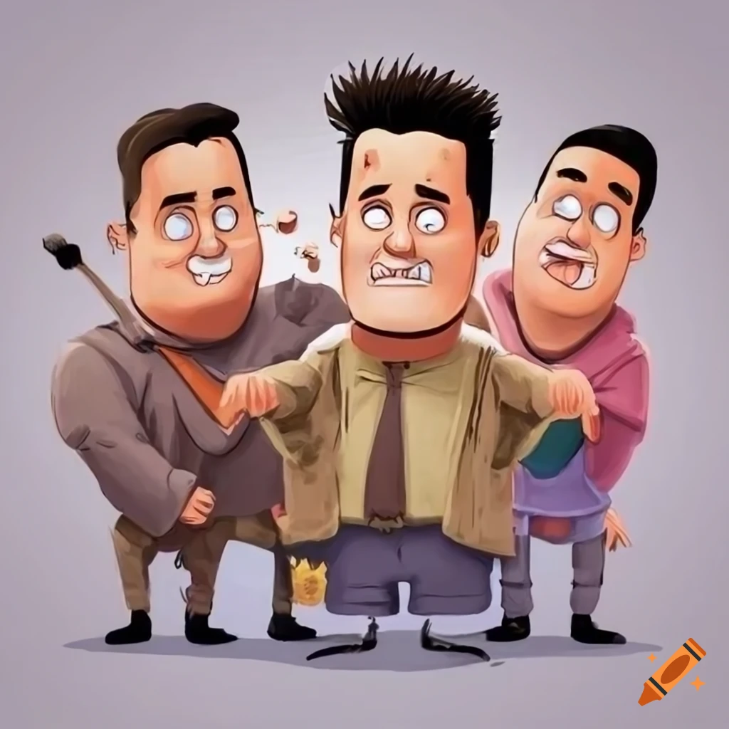 Colorful cartoon illustration of Joey, Ross, and Chandler from Friends ...