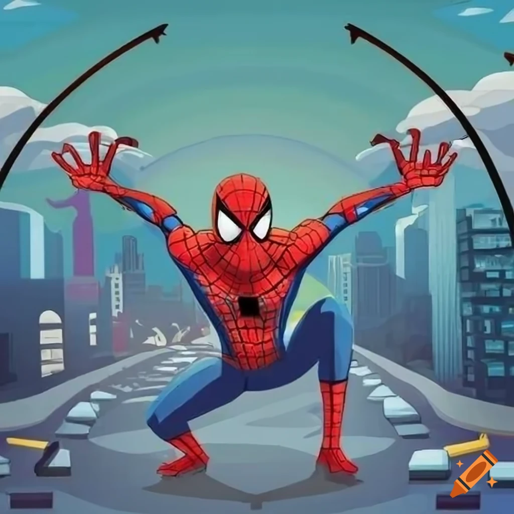 Colorful cartoon illustration of spiderman in a city with skyscrapers ...