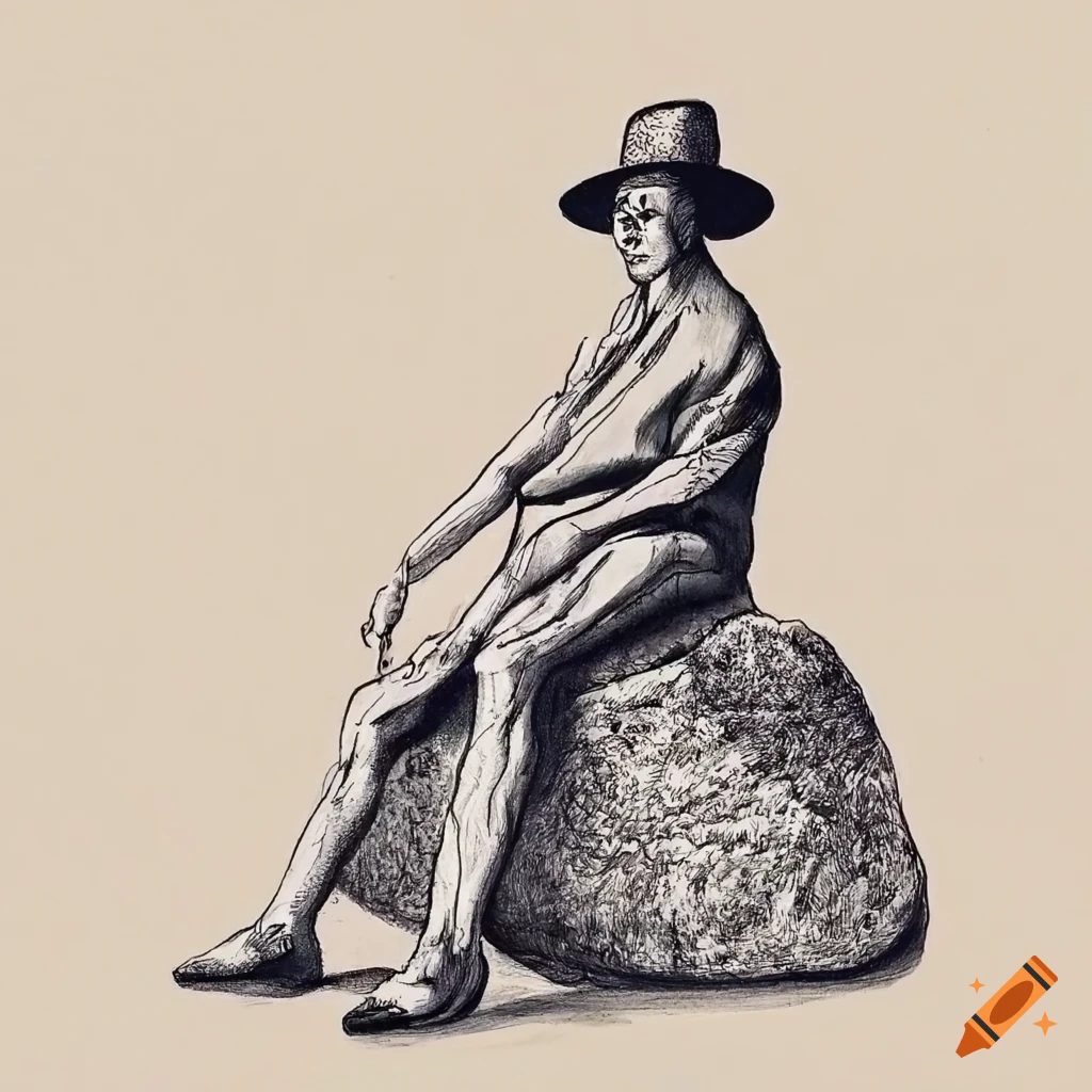 Friendly man with a hat sitting on a rock in a Dali-inspired crosshatch ...