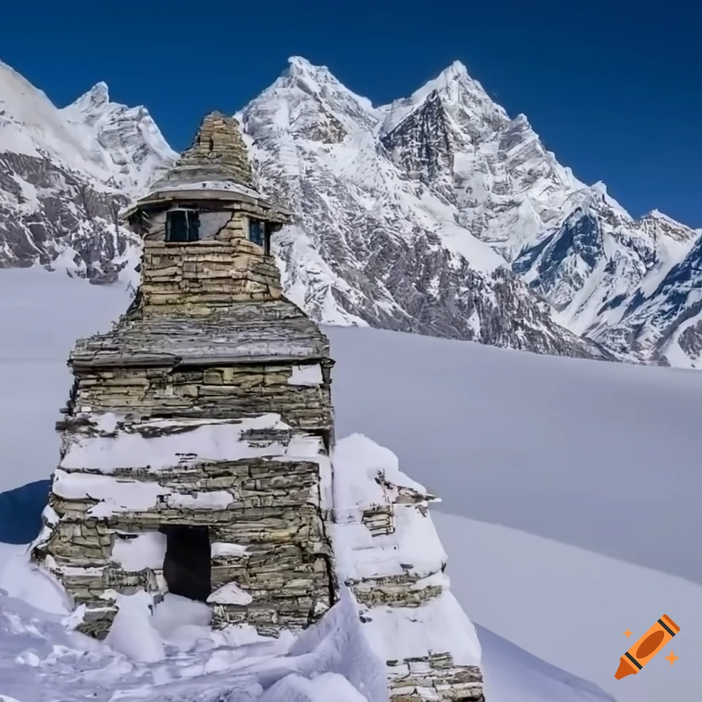 High mountain pass outpost tower with snow and himalayan peaks on Craiyon