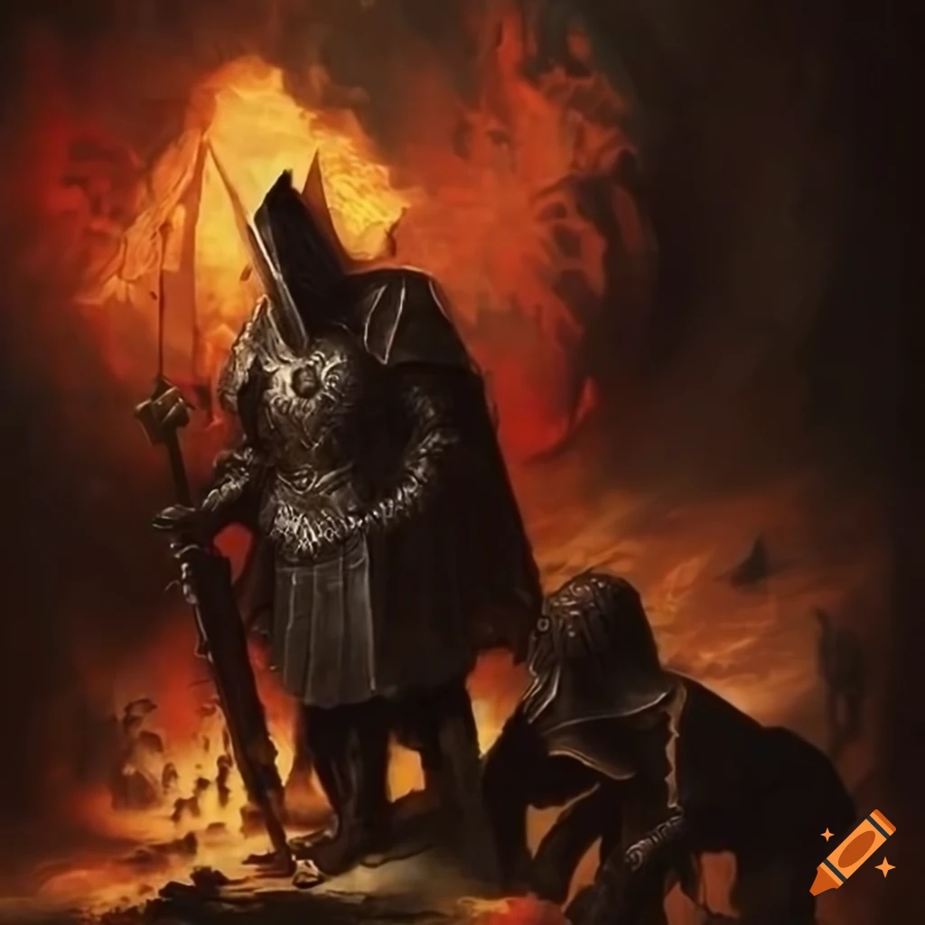 Knight fighting demons with weapons in a gothic oil painting on Craiyon