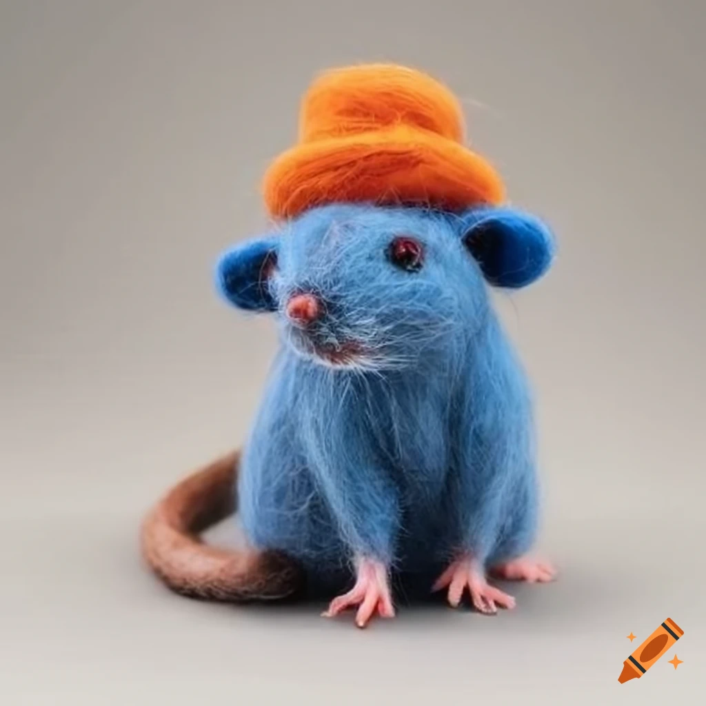 Felted wool blue rat wearing orange hat on Craiyon