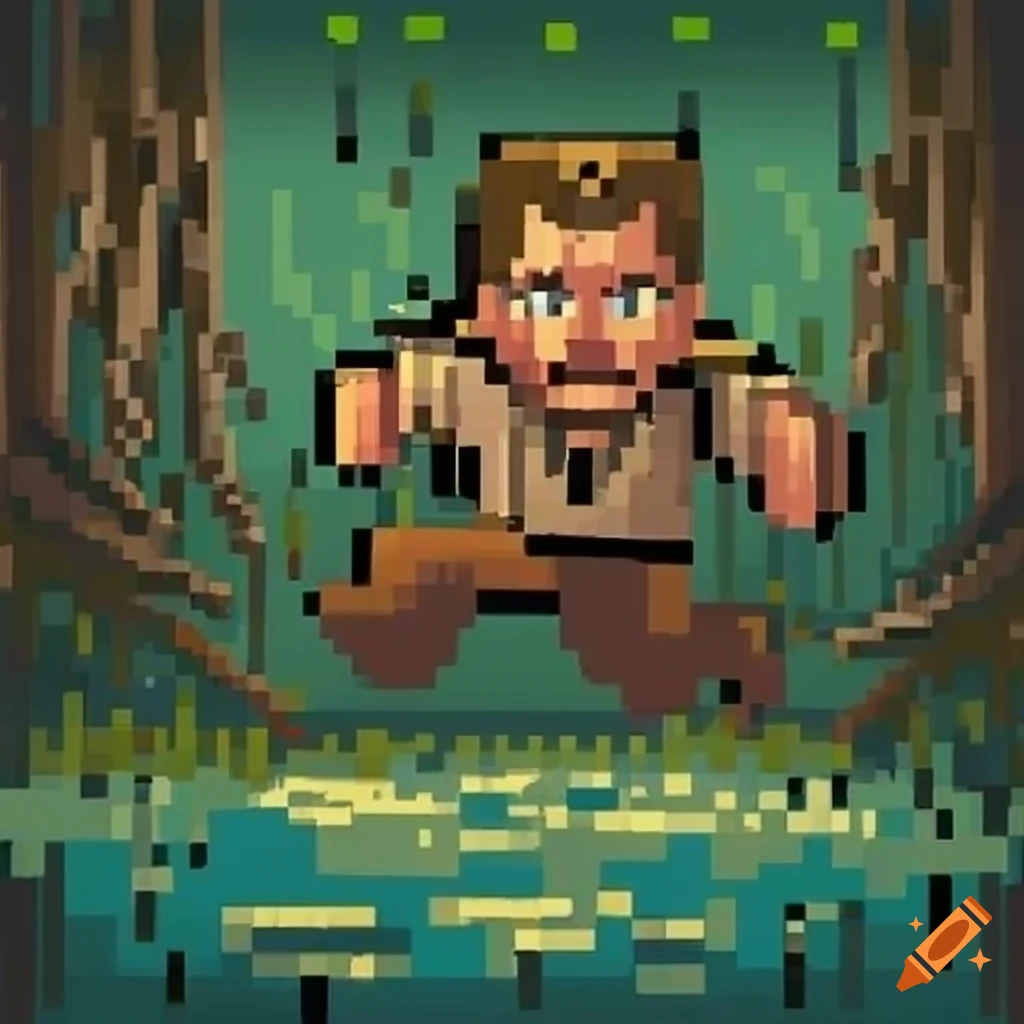 8-bit indiana jones jumping over a swamp on Craiyon