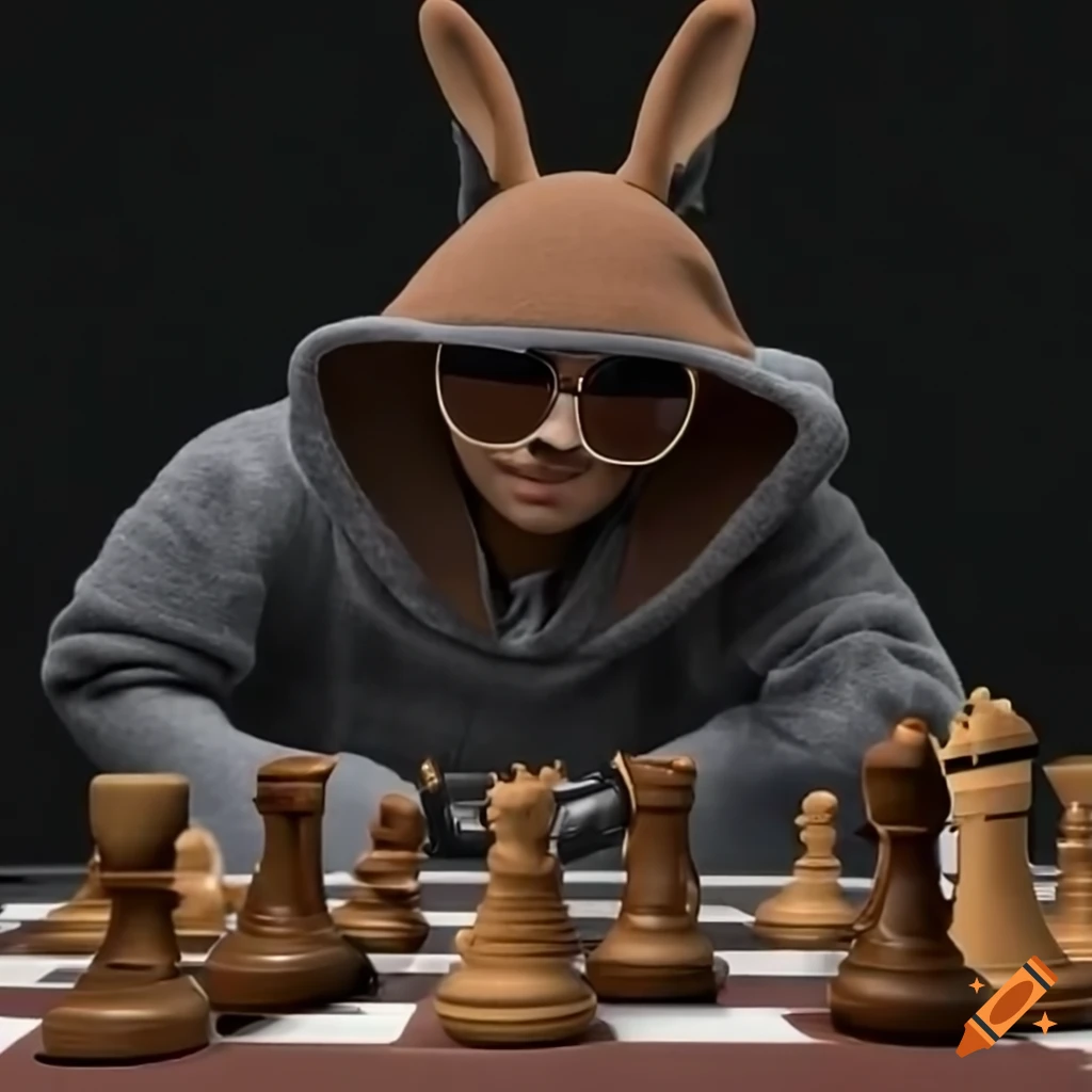 Rabbit hacker playing chess with sunglasses and hoodie on Craiyon