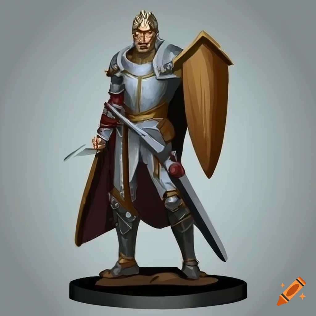 Dnd male paladin with sword and shield featuring acorn symbol on Craiyon