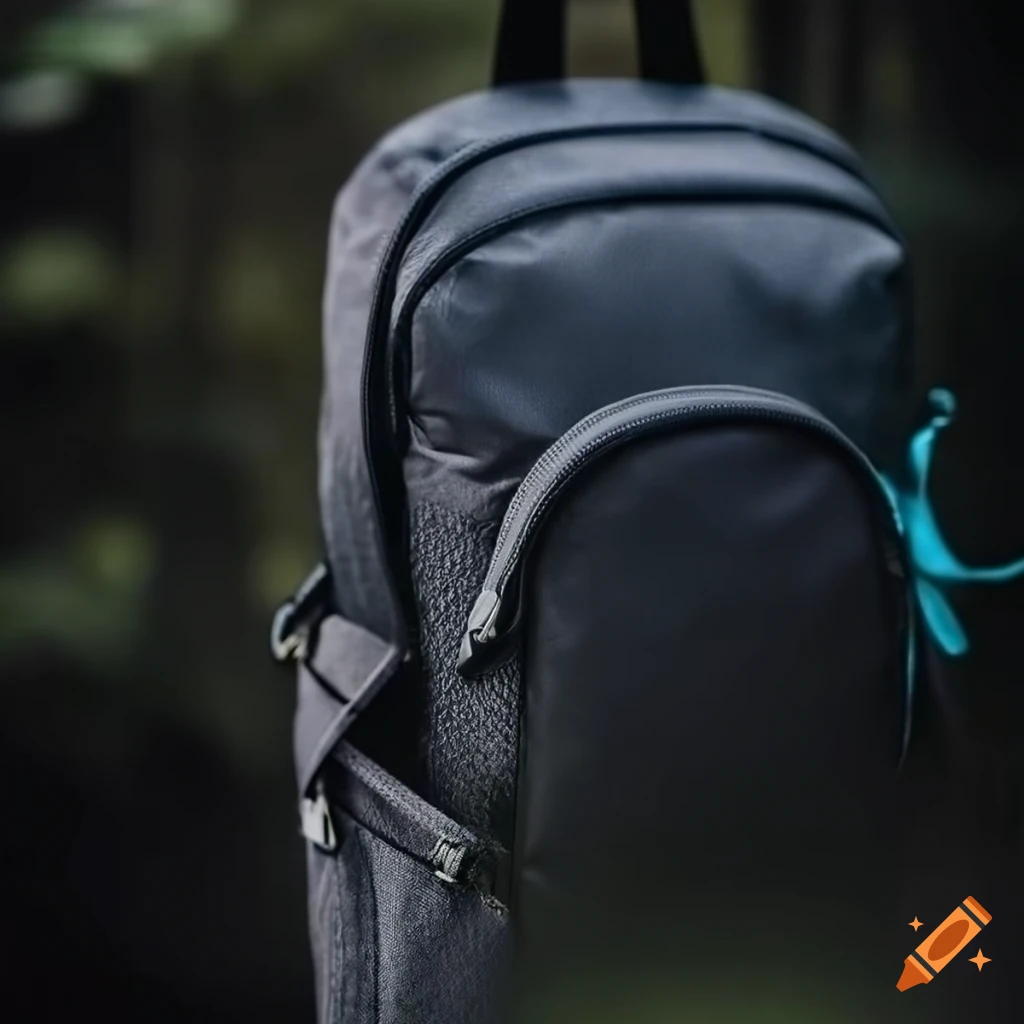 Sleek modern black backpack in an eco-friendly setting on Craiyon