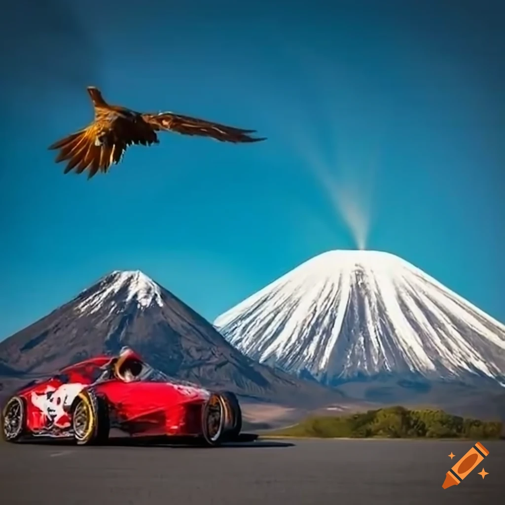 Racing car near volcano with eagles soaring in the sky on Craiyon