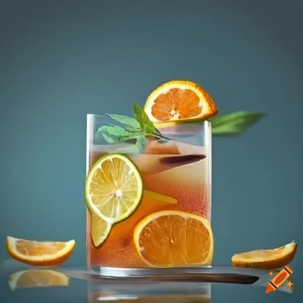 Cocktail con whisky, limón, flor de naranja, naranja, menta, frutas ...