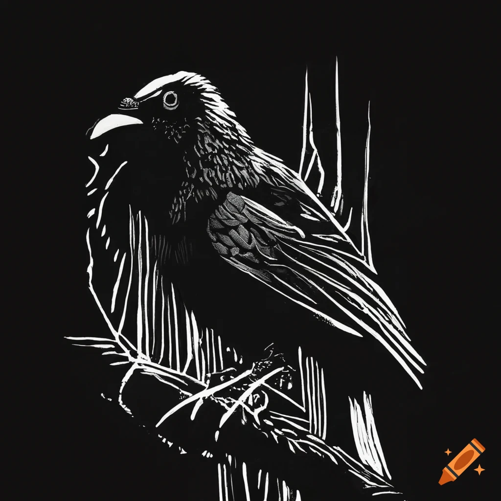 Raven tui bird black and white linocut on Craiyon