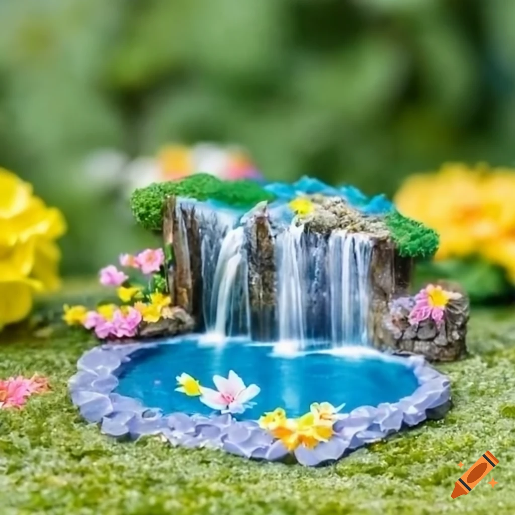 Miniature diorama of a spring lake with trees, waterfall, and floating ...
