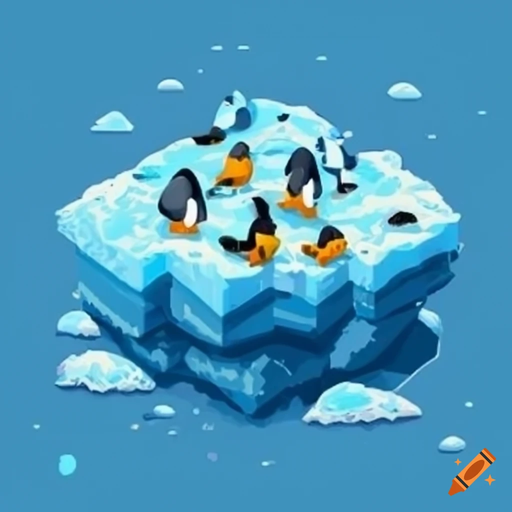 Floating ice island with penguins in pixel art style on Craiyon