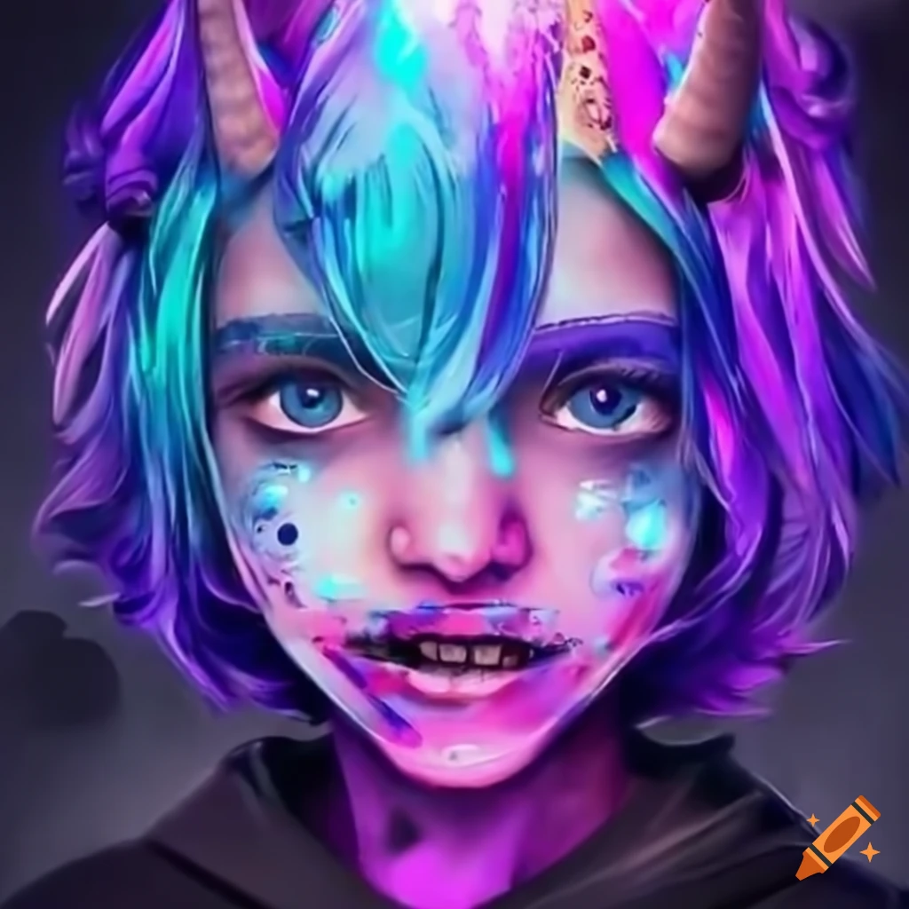 Friendly demon kid with blue and purple hair, blue horns, and a cosmic crown on Craiyon