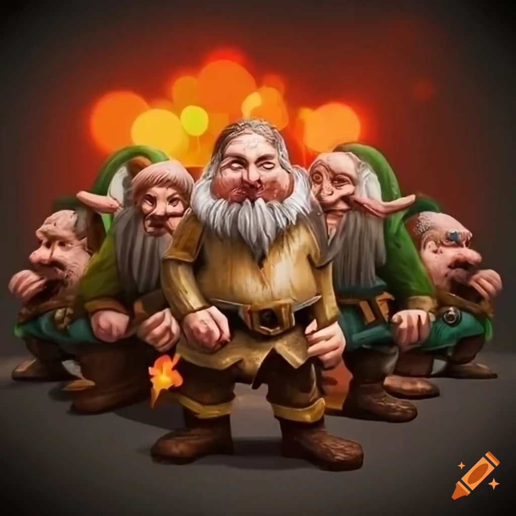 Row of grumpy dwarves with explosion in the background on Craiyon