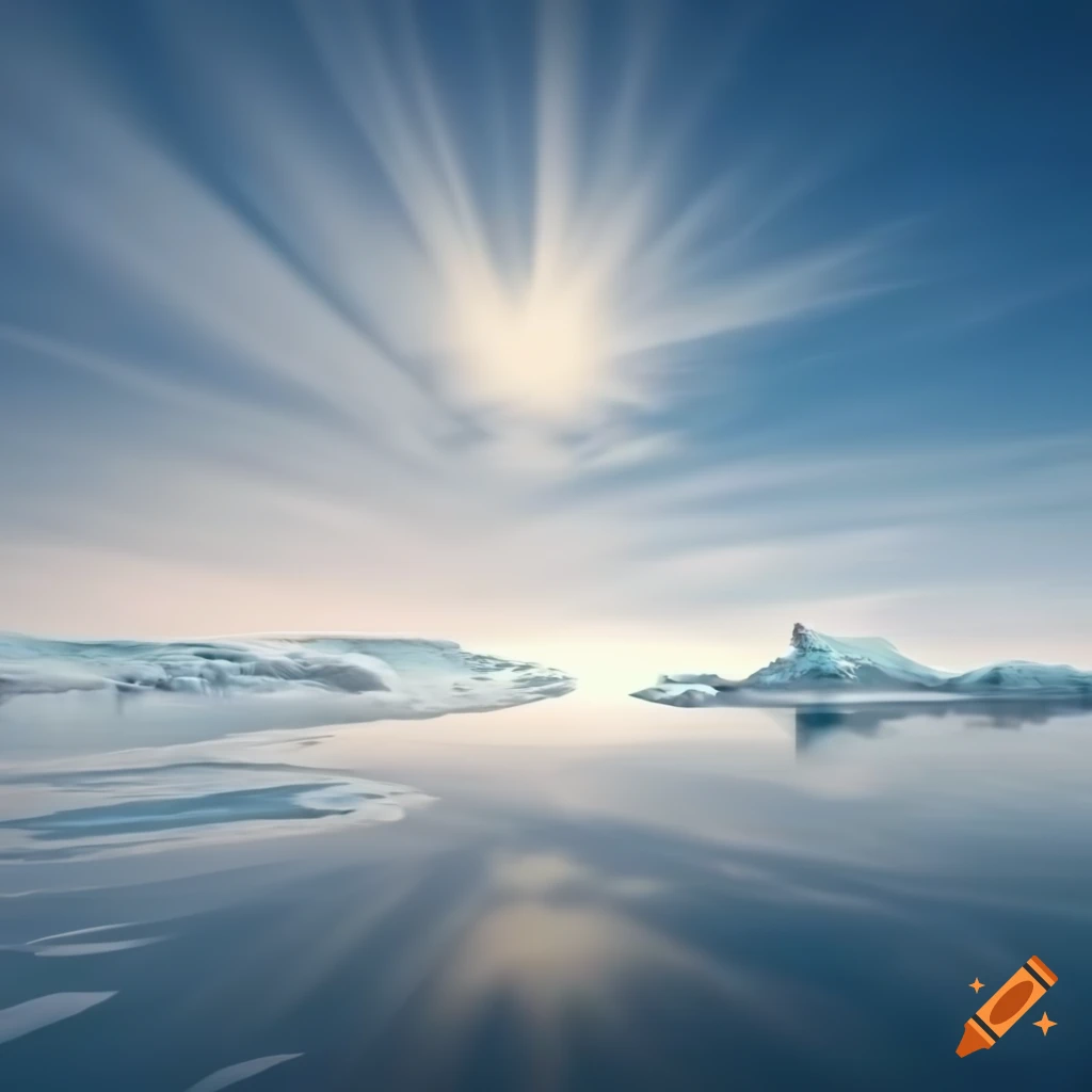 Artic landscape with sunburst through cloudy sky in photorealistic ...