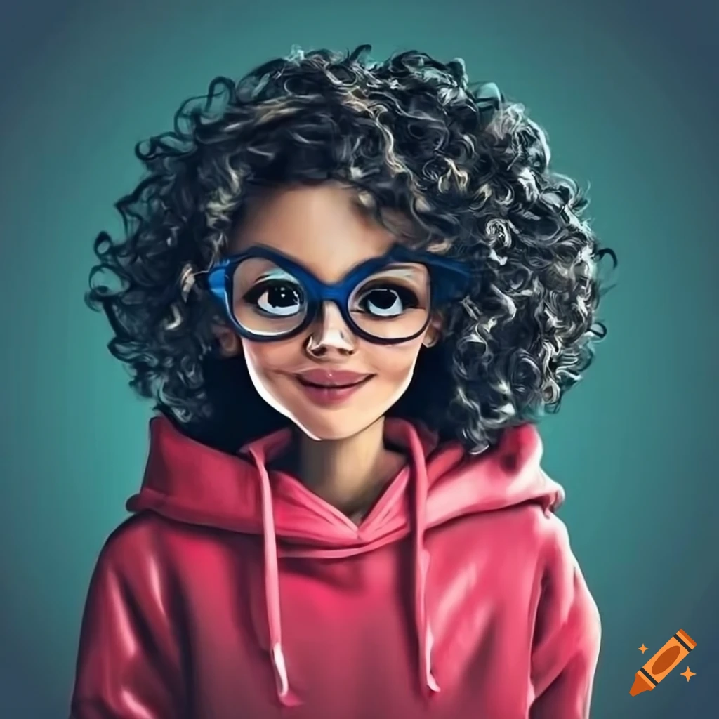 Curly-haired alien girl in a hoodie and glasses smiling warmly on Craiyon