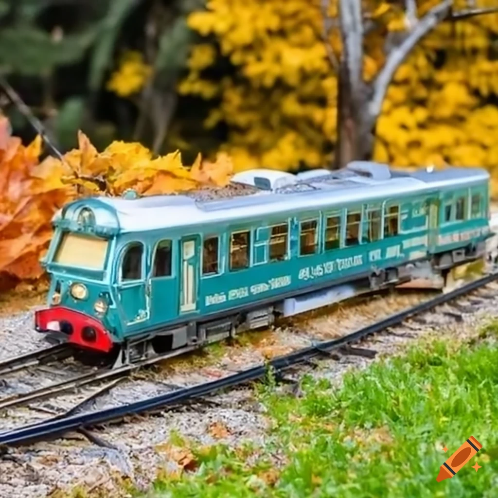 Miniature train station on an autumn leaf on Craiyon