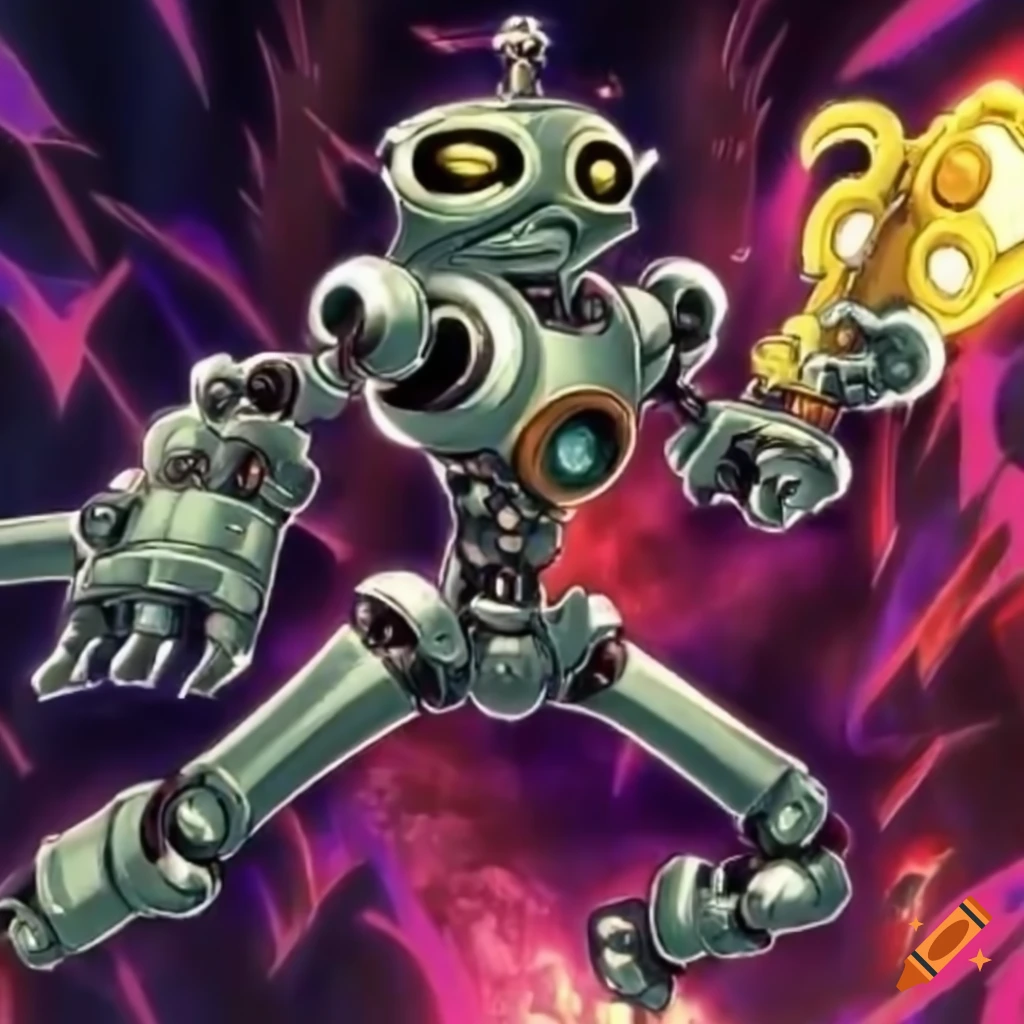 Clockwork robot with a giant key from yu-gi-oh! card art in hd on Craiyon