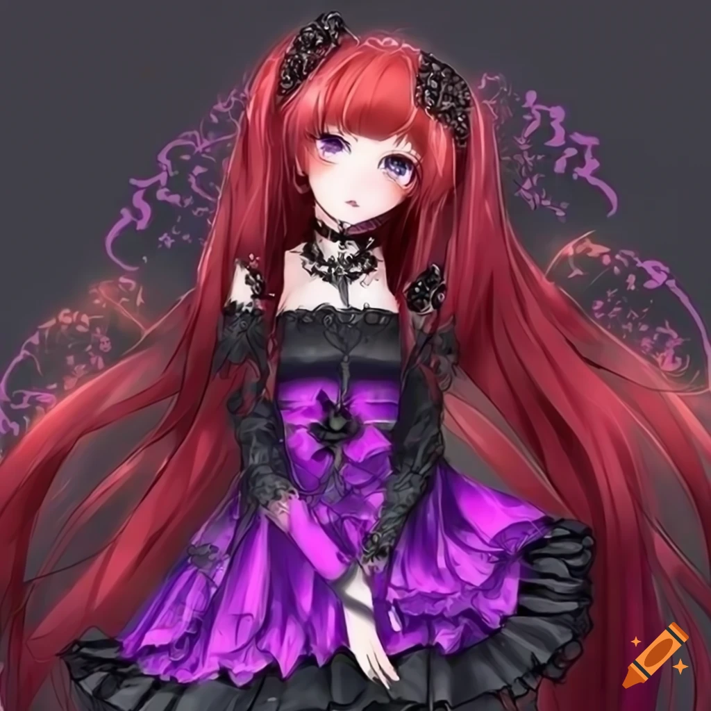 Enchanting gothic anime girl with red hair in a purple and black dress ...