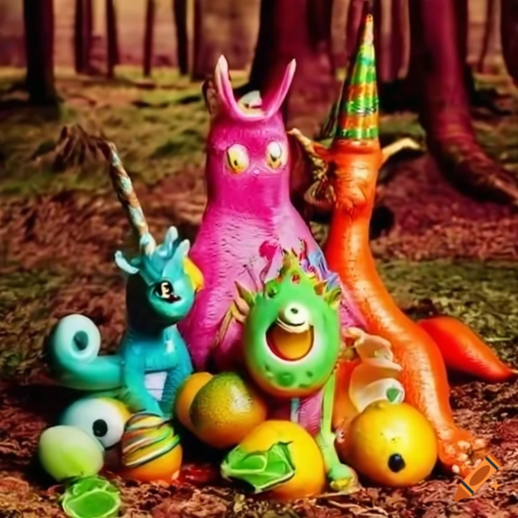 Mythical creatures in a forest with a mutant omega mart lemon fruit ...