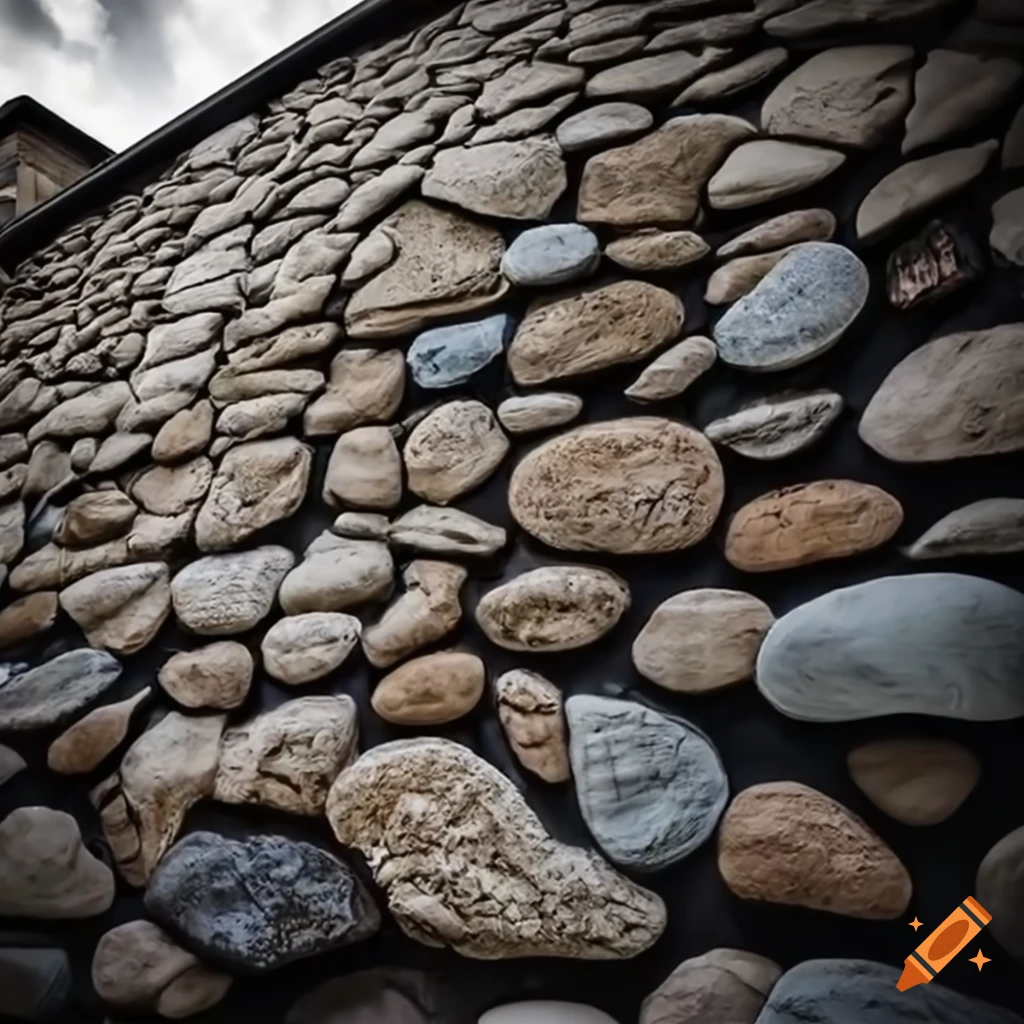 Building facade made of river stone on Craiyon