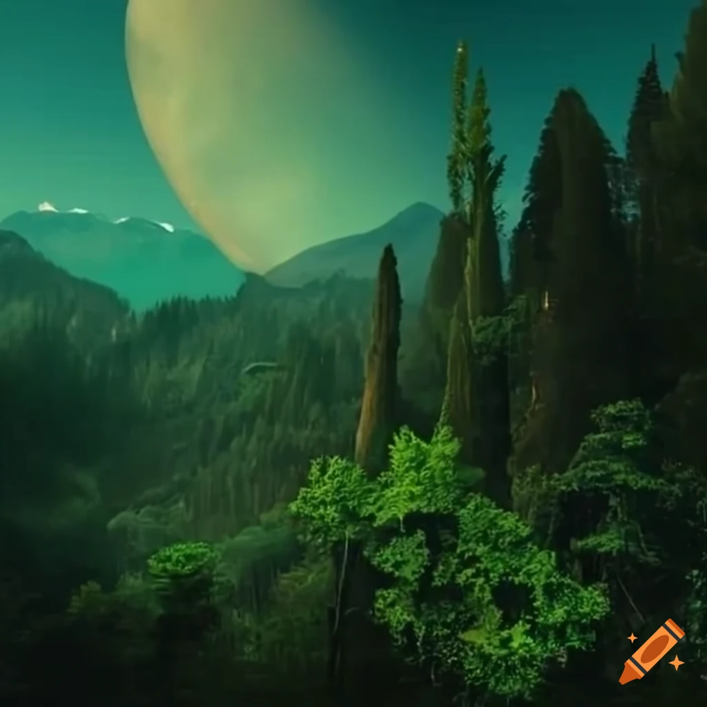 Forest on an alien planet with black plants and mountains in the ...