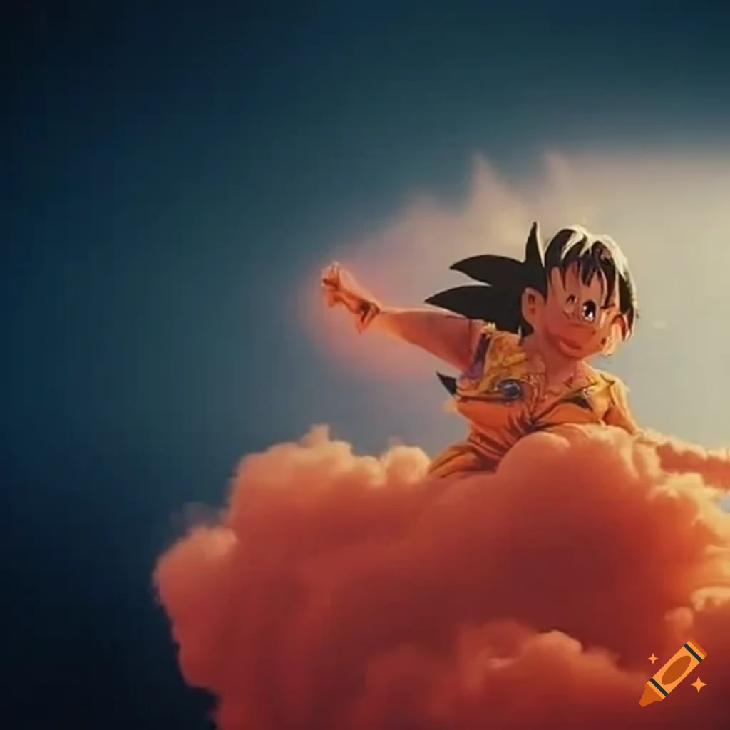 Akira Toriyama seated on a magic cloud in Young Goku's attire on Craiyon