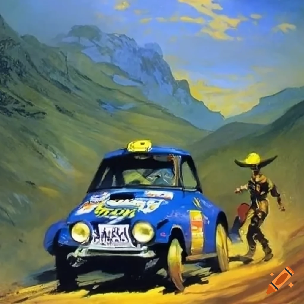Two rally cars racing on a dirt road in a frank frazetta painting on ...