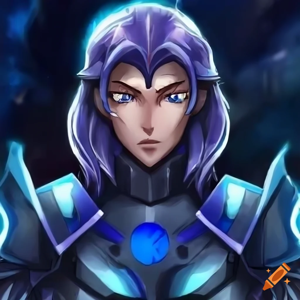 High-detail Galactic Overlord in anime style with blue armor and dark ...
