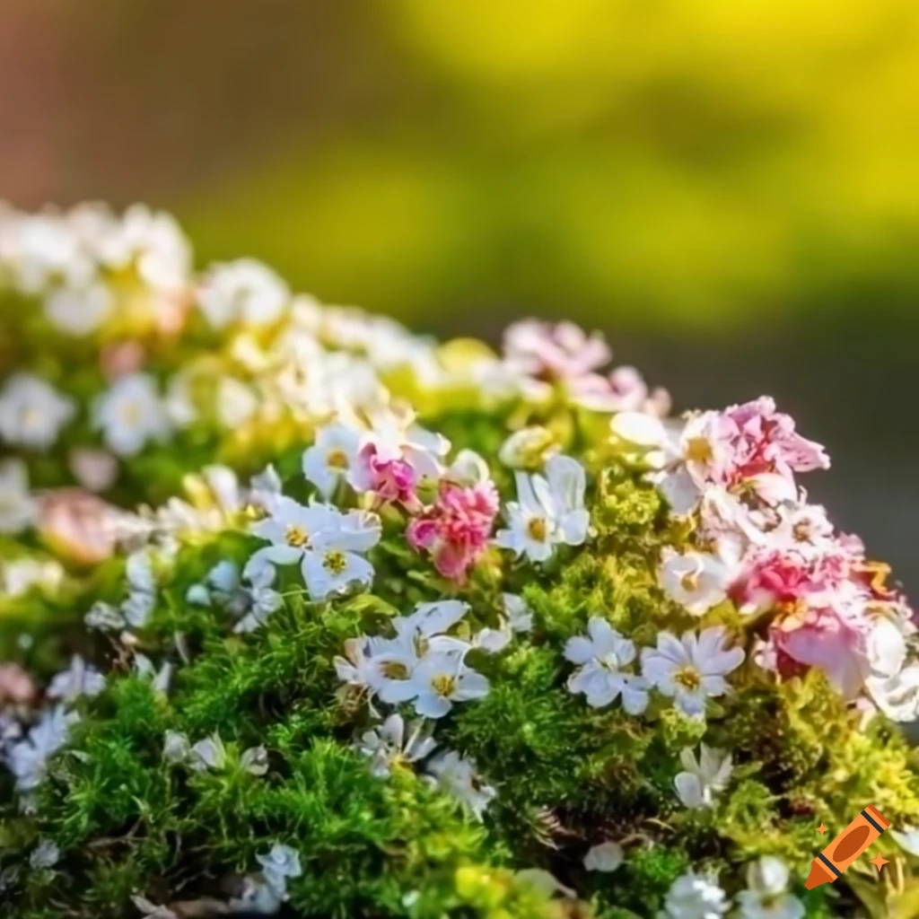 Mossy branch with small plants and pink flowers in warm sunset lighting ...