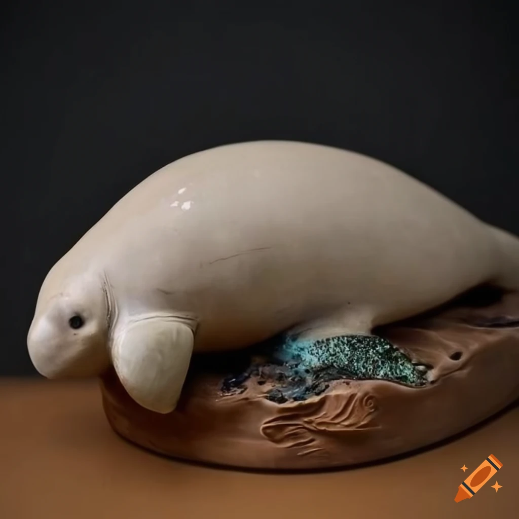 Lifelike manatee statue made of rustic ceramics on Craiyon