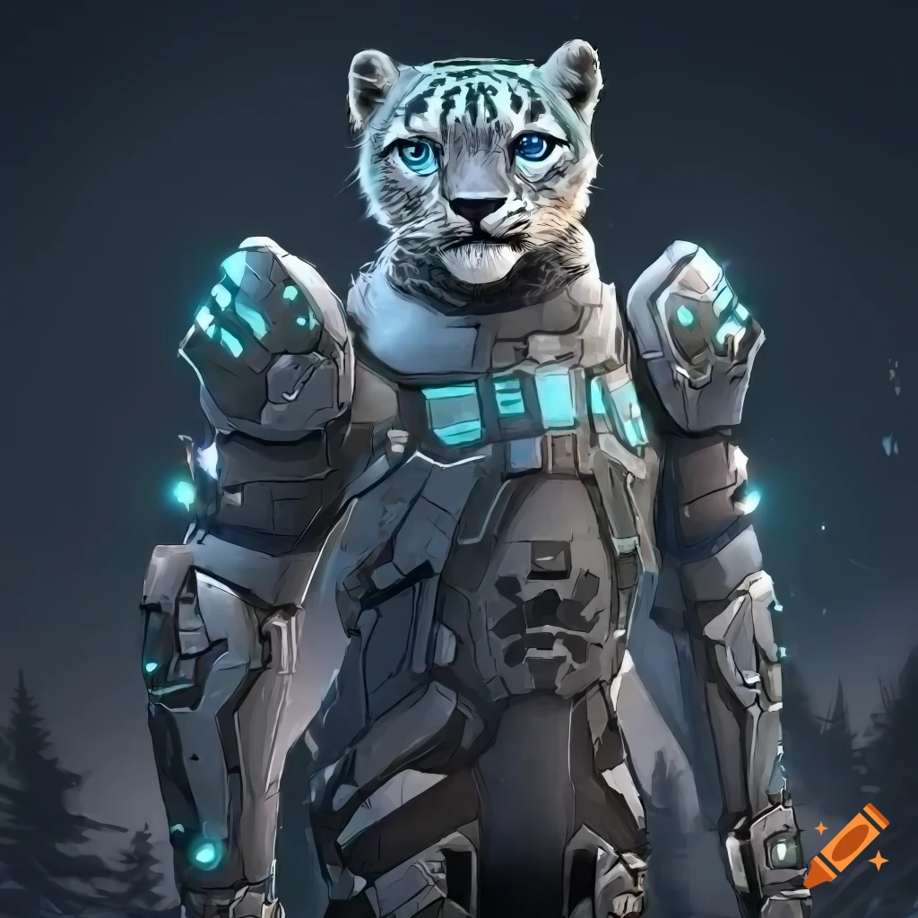 Anthropomorphic snow leopard in futuristic armor standing in a forest ...