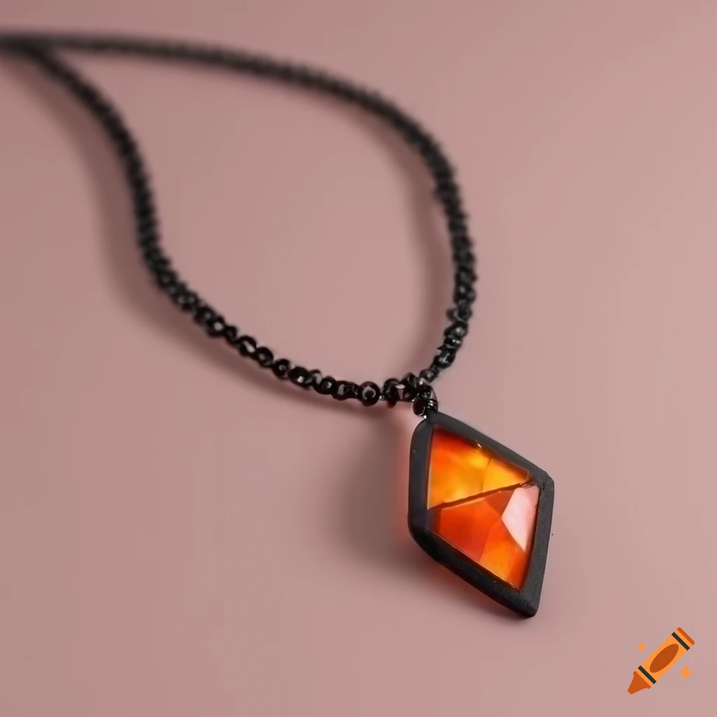 Matte black chain necklace with orange gemstone in rhombus shape on Craiyon