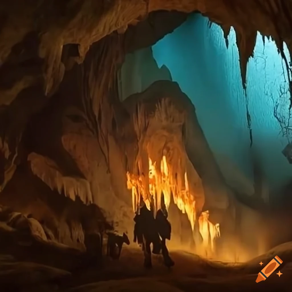 Dark cave with torches and ogre corpse on Craiyon