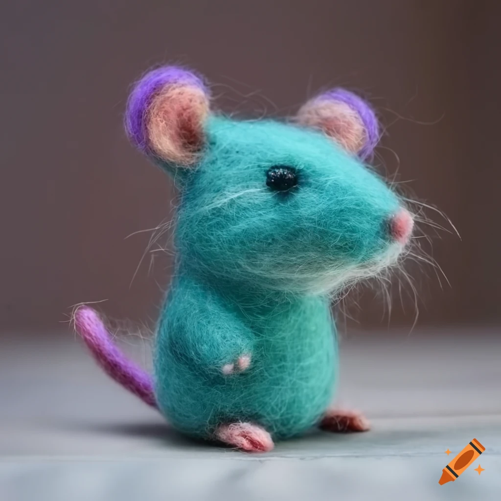 Teal rat in purple hat, chibi side view made of felted wool on Craiyon