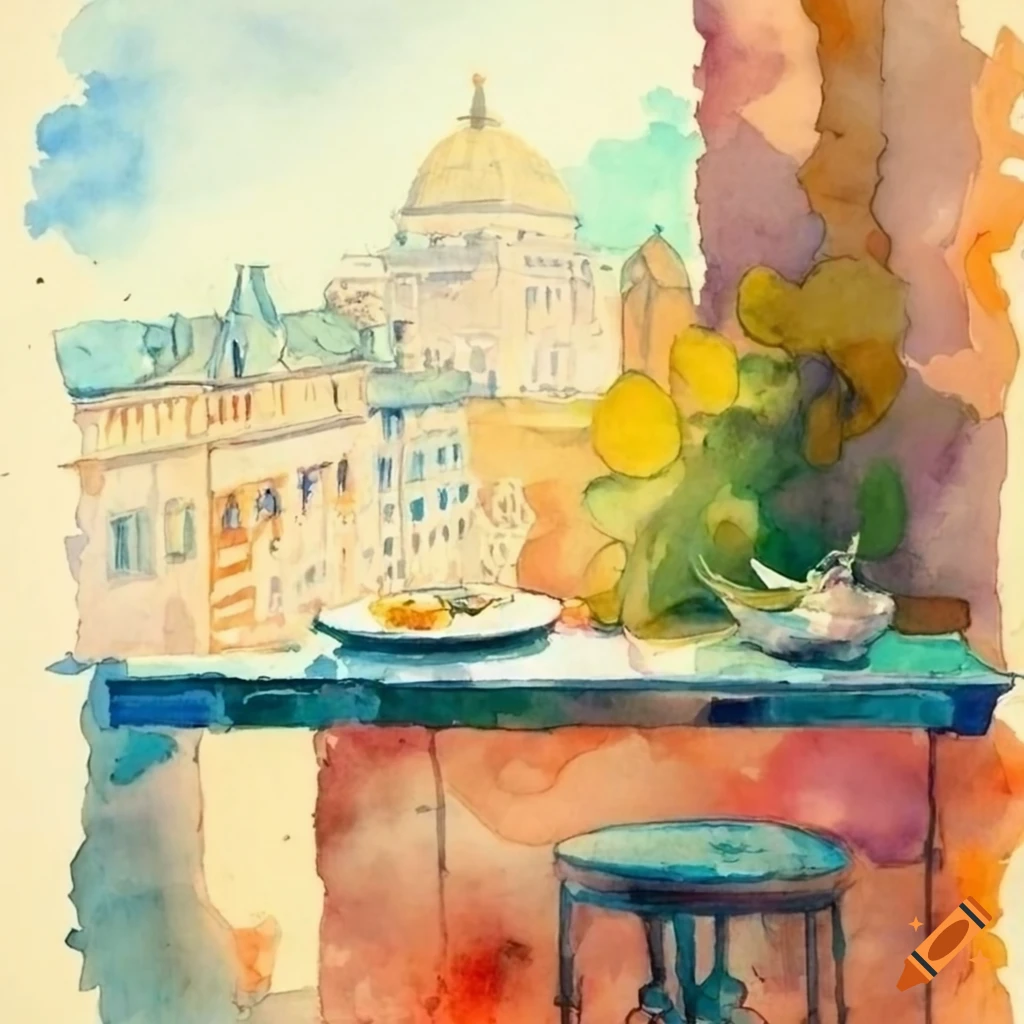 Watercolor painting of a table on a terrace with a coffee on Craiyon