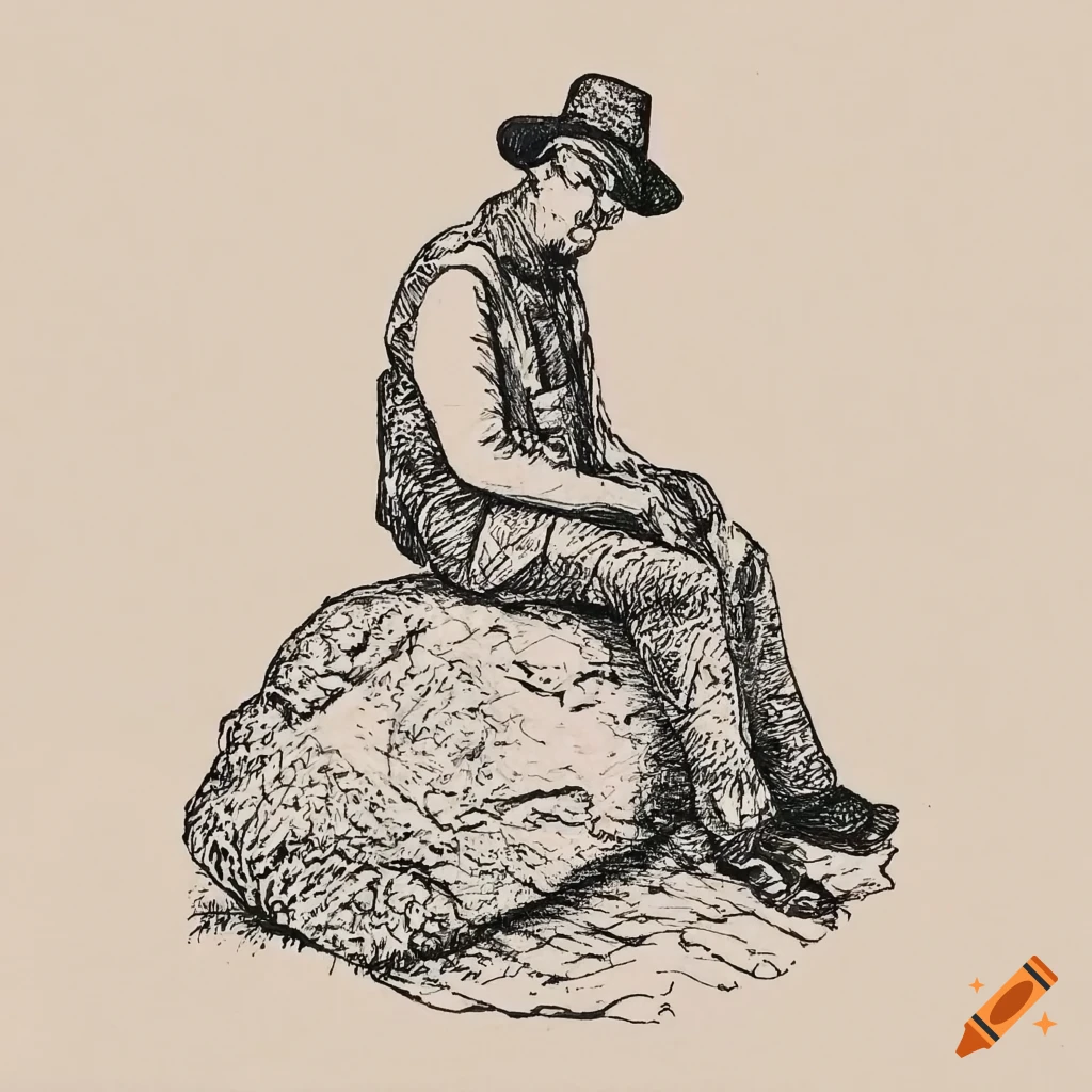 Man with a hat sitting on a rock in a crosshatch pen drawing on Craiyon