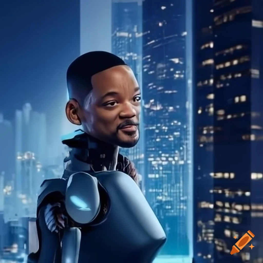 Will smith relaxing with a humanoid robot in a high-tech apartment with ...
